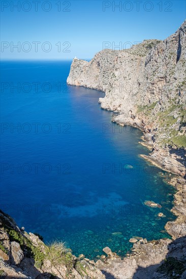 Panoramic view of rocky cliff with Cap Formentor and lighthouse ...