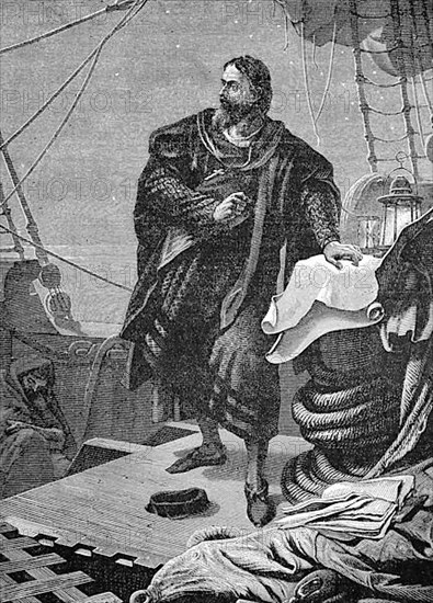 Columbus on his ship Santa Maria at night, during his voyage of ...