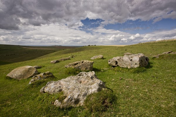 Weathered sandstone rocks on steep south-facing chalk downland ...