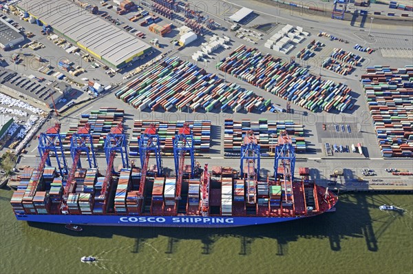 Aerial view of a container ship of the Chinese shipping company COSCO ...