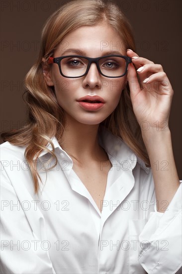 Beautiful girl in stylish clothes with glasses for vision and red sexy ...