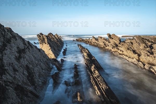 Long exposure Geopark in Sakoneta on the coast of Deba. Basque Country ...