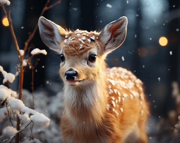 Cute fawn in forest during snowfall - Photo12-imageBROKER-Paul Hart