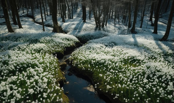 Aerial view of a forest river surrounded by a dense carpet of snowdrops ...