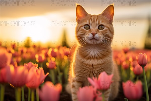 Cute orang cat in field of pink tulip spring flowers. KI generiert ...