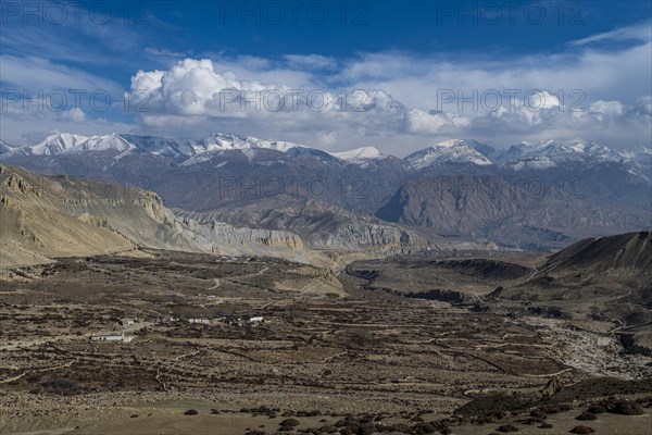 Terraced landscape in mountain scenery, Ghar Gumba monastery, Kingdom ...