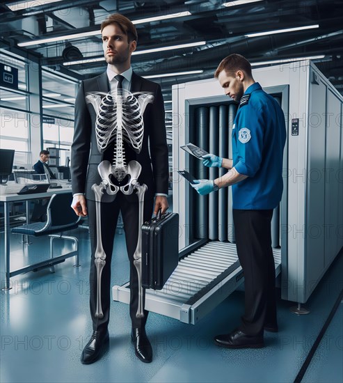 A man is x-rayed at an airport security checkpoint, AI generated, AI ...