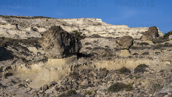Rock formation on the coast near Sarakinikoer, Milos, Cyclades, Greece ...