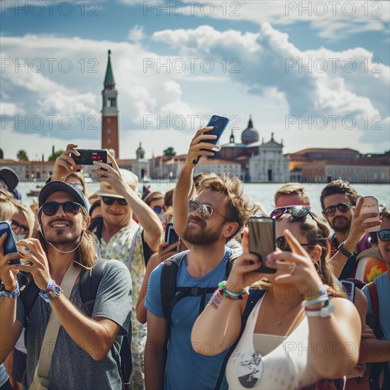 A crowd of people photographing a famous landmark in sunny weather, AI ...