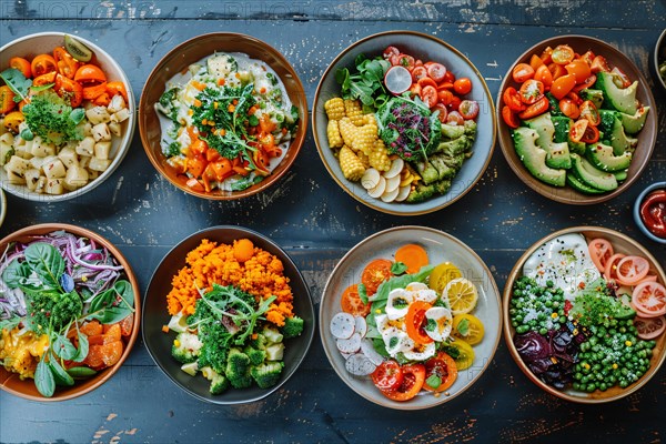 Assorted colorful and healthy salad bowls arranged neatly from a top ...