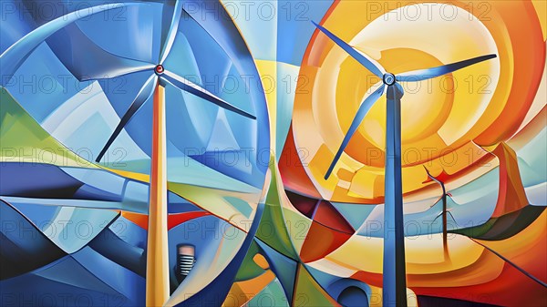 Abstract painting capturing renewable energy themes with flowing lines ...