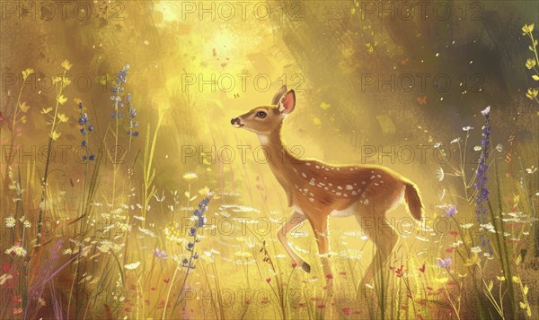Pastel illustration of a graceful deer prancing through a sunlit meadow ...