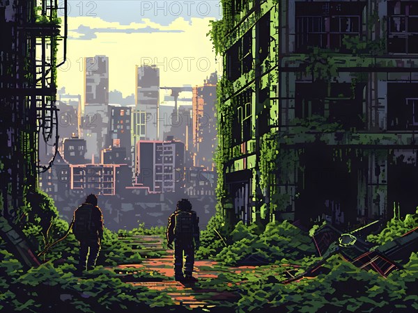 Pixel art landscape showcasing post apocalyptic world with ruined city ...