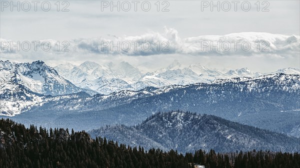 Panorama of a snow-covered mountain range with forest in the foreground ...